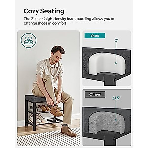 SONGMICS Shoe Bench, 3-Tier Shoe Rack for Entryway, Storage Organizer with Foam Padded Seat, Linen, Metal Frame, for Living Room, Hallway, 12.2 x 23.6 x 19.3 Inches, Dark Gray and Black ULBS576B33
