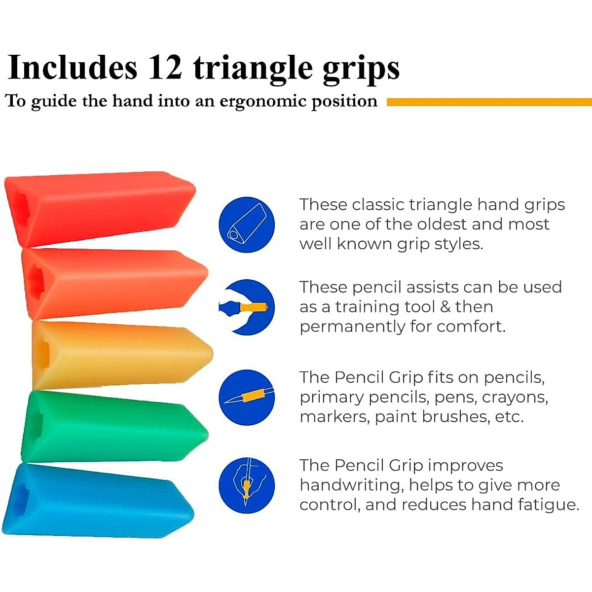 The Classics 12-Pack Triangle Pencil Grips, Assorted Bright Colors, 1.75-Inch Long (TPG-16212)