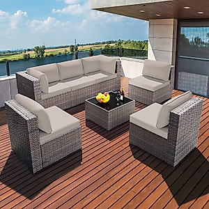 Grezone 7 Pieces Outdoor Sectional Furniture High Backrest Patio Sofa, All-Weather PE Rattan Patio Conversation Set with Coffee Table & Cushions and Black-Glass Table (Cream)