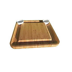 Premium Bamboo Cheese Board with Stainless Steel Knife Set and Ceramic Cups | Great Gift Idea | Size 13.3'' x 13.3'' x 2.2''