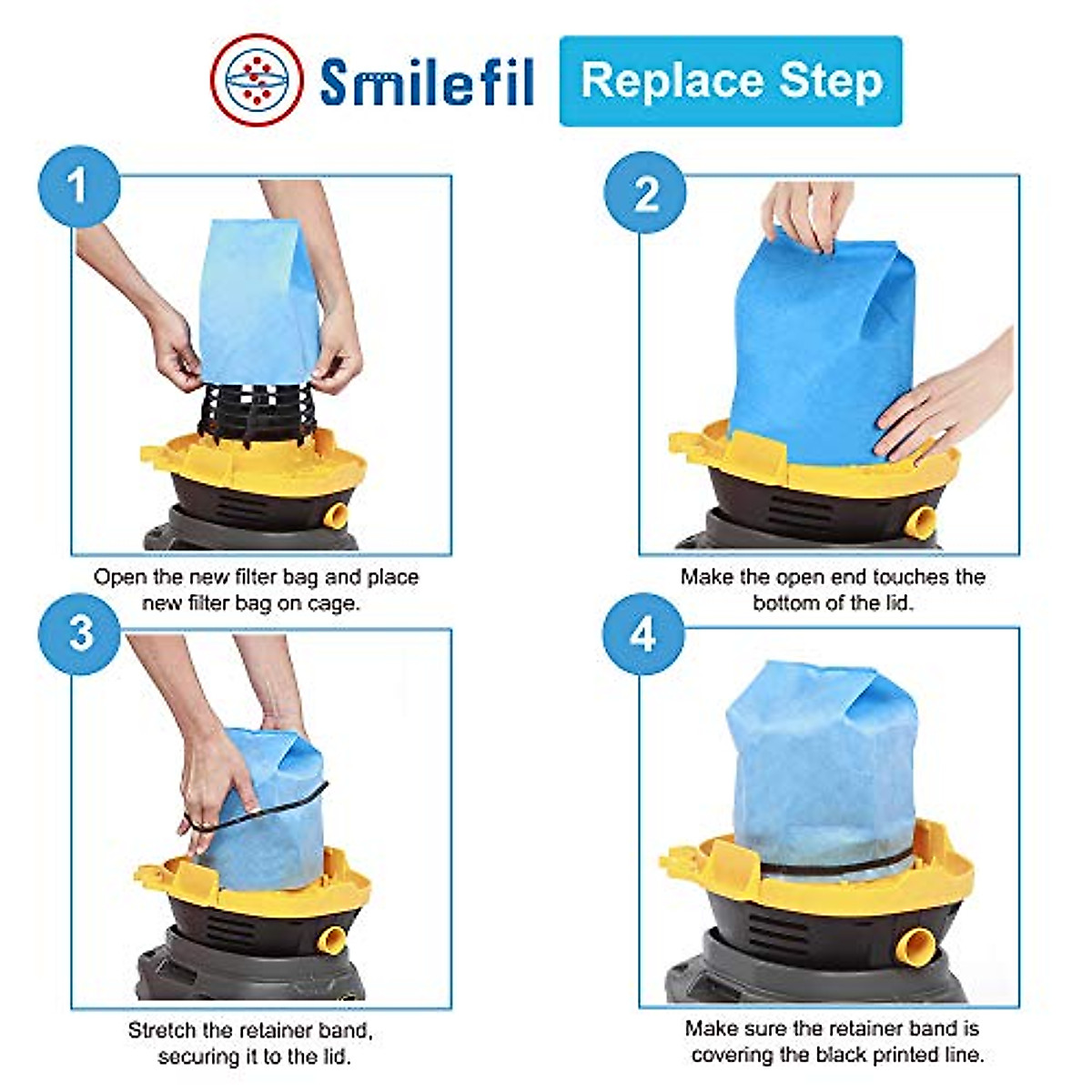 Smilefil 9 Pack Wet Dry Vacuum Bags Compatible with WORKSHOP WS01025F, Craftsman 9-38737, MultiFit VF2000, Select 2-1/2 to 5-Gallon Shop Vacuum Cleaners (9 Vacuum Bags with 3 Retaining Bands)
