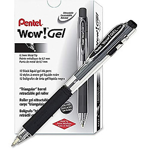 Pentel WOW! Gel Retractable Gel Pen 0.7mm Medium Line Black Ink, Box of 12 (K437-A)