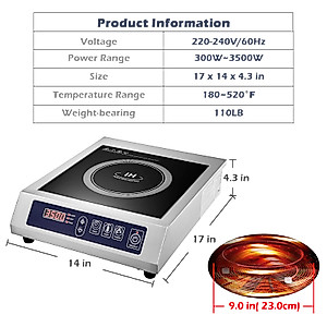 Commercial Induction Cooktop,3500W/ 240V Portable Electric Induction Countertop Burner with Stainless Steel Housing, Durable Commercial Induction Hot Plate for Hotel Restaurant School