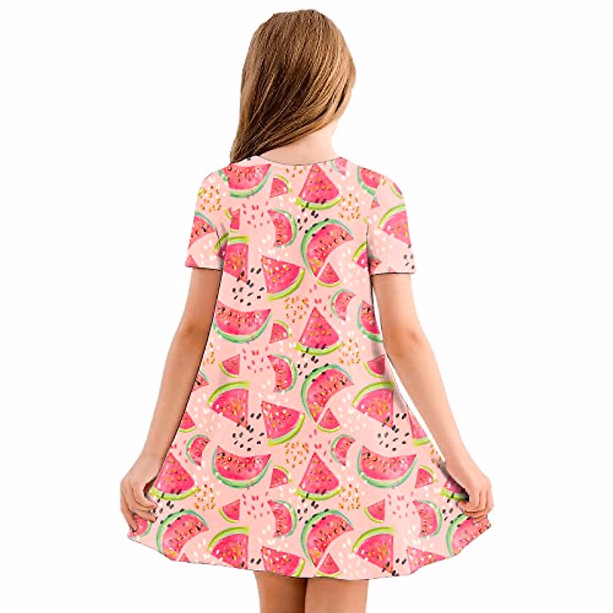 Summer Watermelon Dress Girl Short Sleeve Tshirt Dresses Tropical Pink Midi Flare Dress 11-12 Years