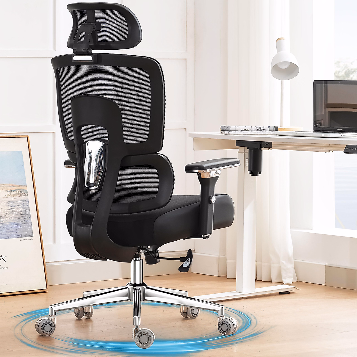 Ergonomic Office Chair, Big and Tall Mesh Chair 400LBS for Home Office&Gaming, High Back Desk Computer Chair with Lumbar Support, 3D Adjustable Headrest,4D Armrests, Upgraded Mute Rubber Chair Casters
