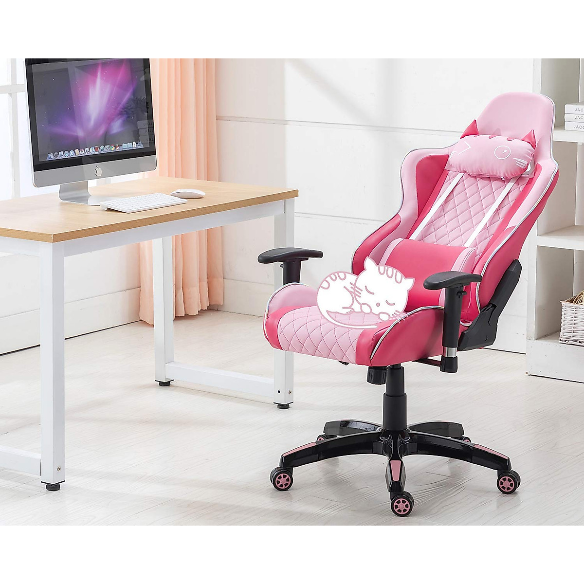 chairus Pink Gaming Chair Racing Computer Desk Game Chair Ergonomic Backrest Reclining Office Chair with Lumbar Pillow and Cute Kitty Headrest