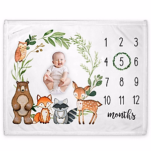 Yuzioey Baby Monthly Milestone Blanket Woodland, Forest Animals Baby Photo Blanket, Gift for New Moms Baby Shower, Watch Me Grow Baby Boy Greenery Woodland Nursery Décor, Includes Marker (50"x40")