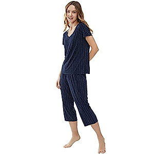 Joyaria Womens Capri Bamboo Pajamas Capri Pjs Set Night Sweats Short Sleeve Sleepwear Hot Flashes(Navy Polka Dot,XXL)