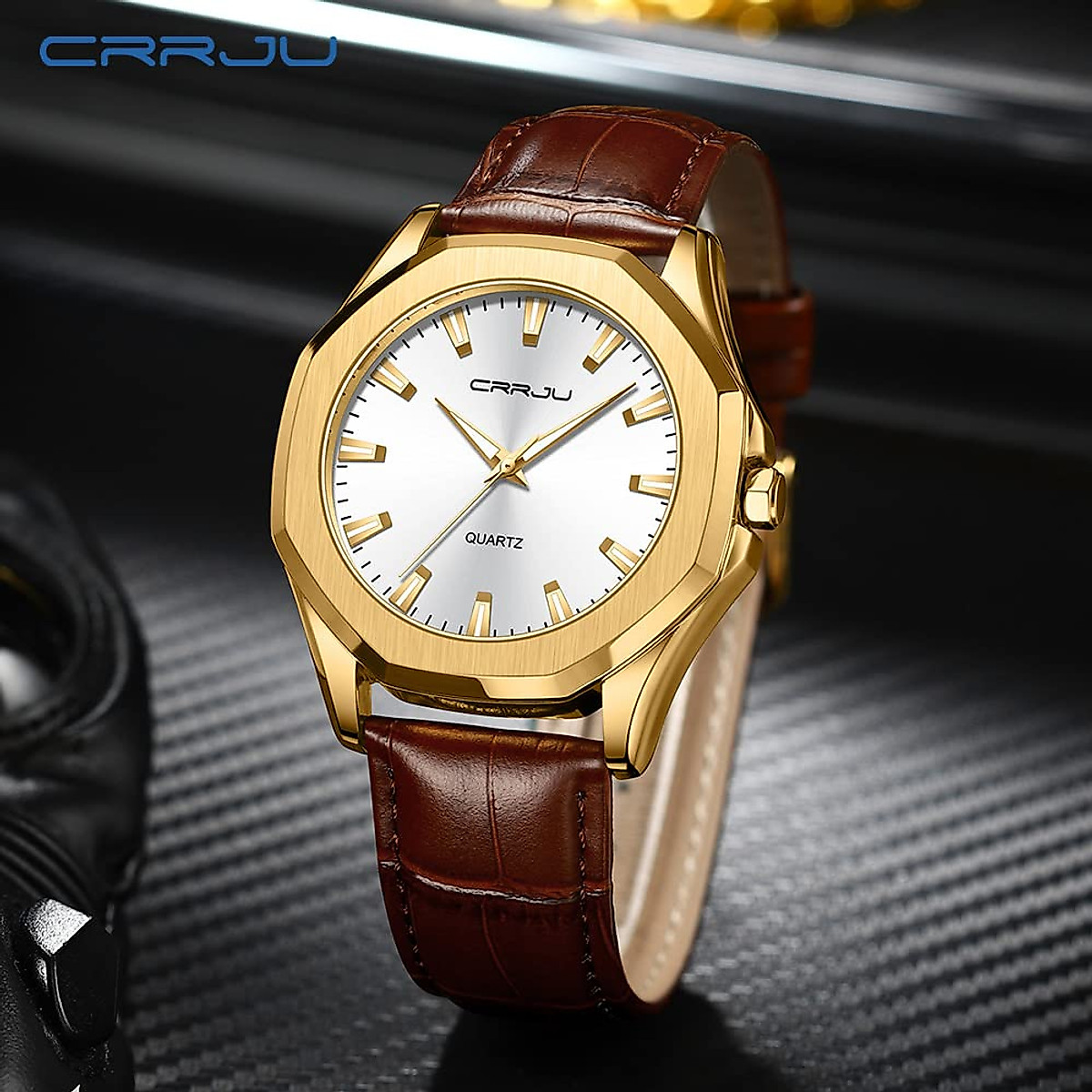CRRJU Men's Golden Fashion Luxury Classical Leather Watches for Men Business Simple Luminous Analog Quartz Wristwatches