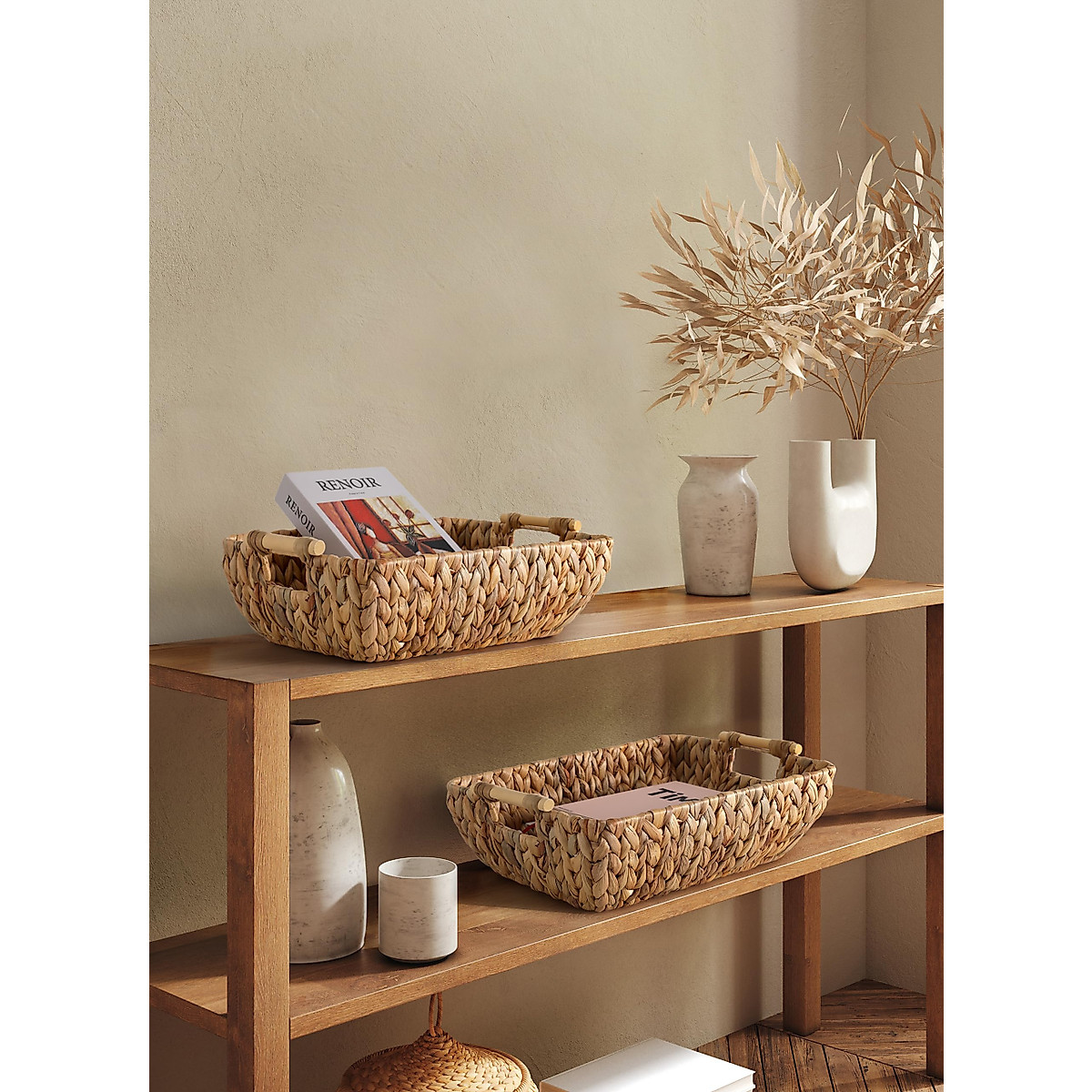 Water Hyacinth Storage Baskets with Wooden Handles，Large Wicker Baskets for Organizing Set of 2
