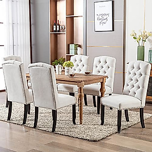 COLAMY Button Tufted Dining Chairs Set of 2, Upholstered Parsons Dining Room Chairs, Fabric Kitchen Side Chair with Nailhead Trim and Wood Legs,Beige