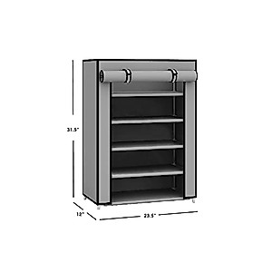 Sunbeam Multipurpose Portable Wardrobe Storage Closet For Shoes and Clothing 5 Tier/Fits 15 Pairs of Shoes Heavy Duty Non Woven Material Gray With Roll Down Cover (Grey)