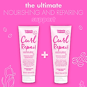 Umberto Giannini Curl Repair Shampoo + Conditioner Set, Vegan & Cruelty Free Repair & Growth Formula with Seaweed, Wheat Bran & Caffeine, 250 ml