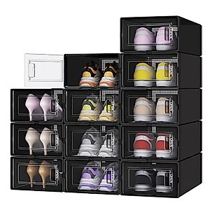 Fixwal Clear Shoe Storage Boxes Stackable, 12 Pack Large Shoe Storage Box with Front Opening Lids, Shoe Container Boxes for Closet Bedroom Bathroom, 13.1 x 9 x 5.5 Inches, Black
