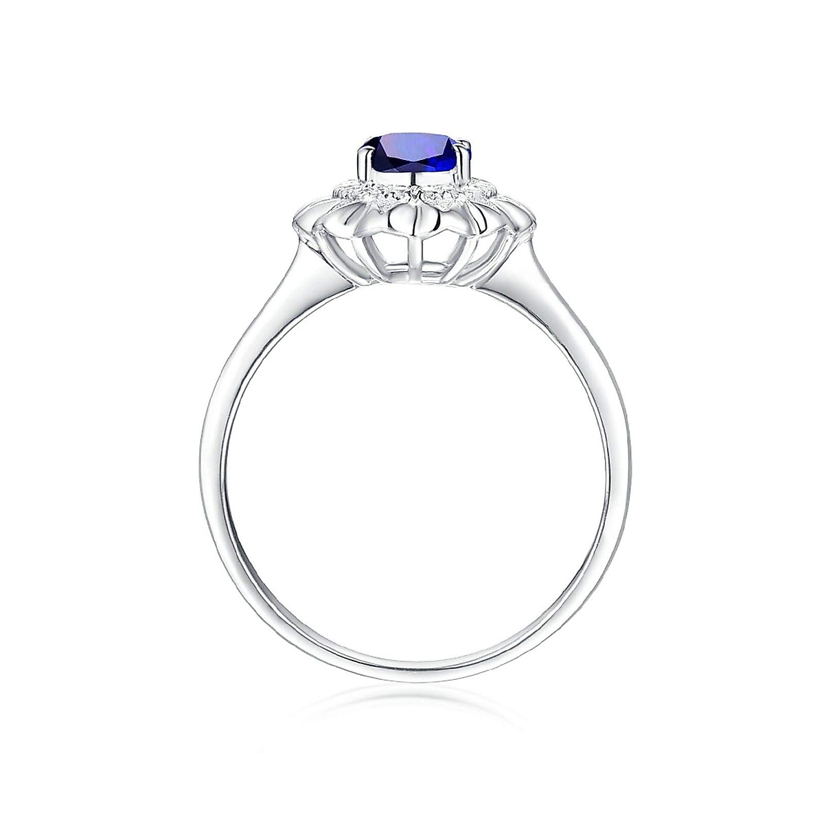 KnBoB Women Flowers Oval Shape 0.6ct Sapphire Ring 18K White Gold Promise Wedding Engagement Bridal Anniversary Ring Size 4