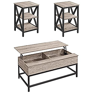 Yaheetech 3-Piece 47.5 in Lift Top Coffee Table and End Table Sets for Living Room, Large Lift Up Central Table with Hidden Compartment, 2pcs 3-Tier Side Table with Shelf, Accent Furniture Set, Gray