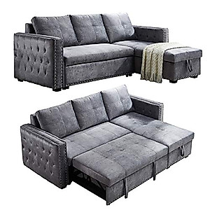 HABITRIO Sectional Sofa with Pull Out Bed, Solid Wood & Velvet Upholstered 2 Seats Sofa and Reversible Chaise Lounge w/Storage, Modern Design 91" L-Shaped Sleeper Sofa for Living Room, Grey