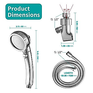 MIAOHUI Modern Handheld Shower Head with On Off Switch, High Pressure Shower Head with Handheld, 3 Spray Settings Removable Shower Head with Hose, Angle Adjustable Shower Bracket, Teflon Tape (Chrome)