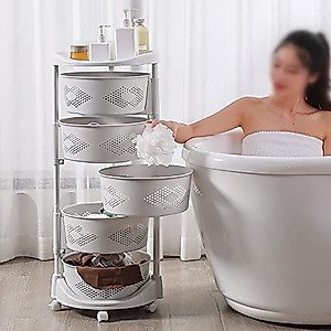 Kaibrite Rotating Kitchen Storage Rack, Multi-Layer Revolving Basket Kitchen Shelf with Wheels, for Kitchen, Bathroom, Laundry Room, Garage, White (5-Layer)