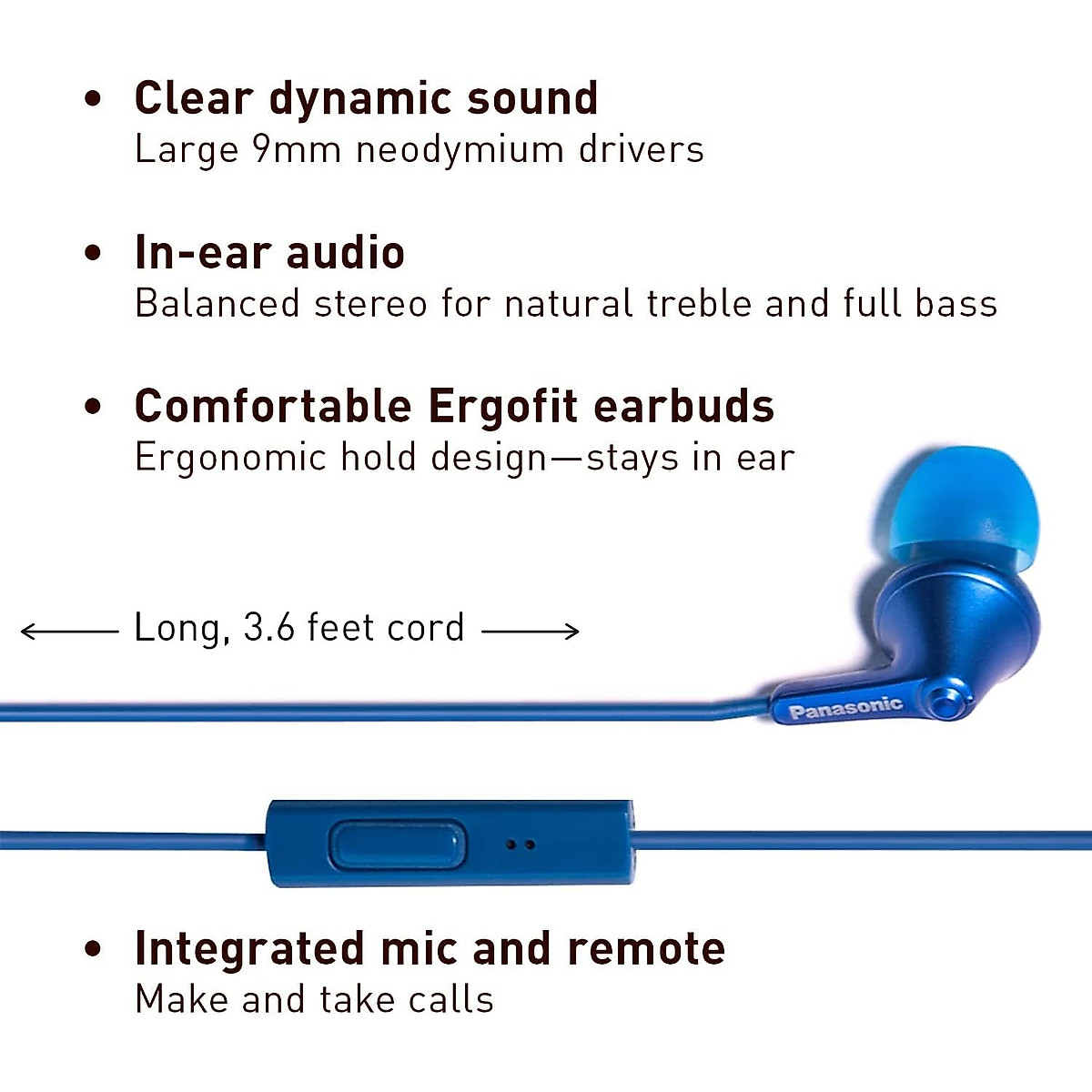 Panasonic ErgoFit Wired Earbuds, in-Ear Headphones with Microphone and Call Controller, Ergonomic Custom-Fit Earpieces (S/M/L), 3.5mm Jack for Phones- RP-TCM125-AA (Metallic Blue)