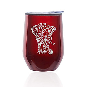Stemless Wine Tumbler Coffee Travel Mug Glass with Lid Tribal Elephant (Red)