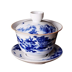 MULHUE Teacups set,Chinese Traditional Teaware Blue and White Porcelain Gaiwan Kungfu Tea bowl with Lid and Saucer - 180ml,Landscape