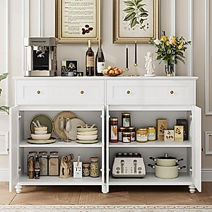 FINETONES Buffet Cabinet with Storage, 55.1” Large Sideboard Buffet Cabinet, White Kitchen Cabinet Display Cabinet with 2 Drawers and 4 Doors, Wood Coffee Bar Cabinet for Kitchen Dining Room