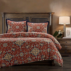 HiEnd Accents Washed Linen Melinda 3 Piece Floral Duvet Cover Set, King Size, Red Navy Blue Medallion Bedding, Classic Western Modern Rustic Lodge Style, Flower Linen Comforter Cover with Pillow Shams