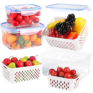 3 Pack Fruit Storage Containers for Fridge, Airtight Food Storage Containers with Removable Colander, Produce Saver Organizers Storage for Refrigerator, Keep Fruit Vegetable Meat Berry Fresh Longer