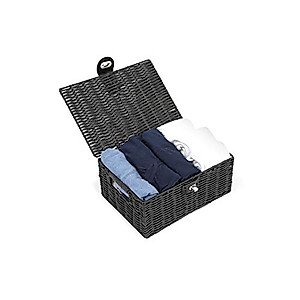 ARPAN Small Resin Woven Storage Basket Box with Lid & Lock-Black