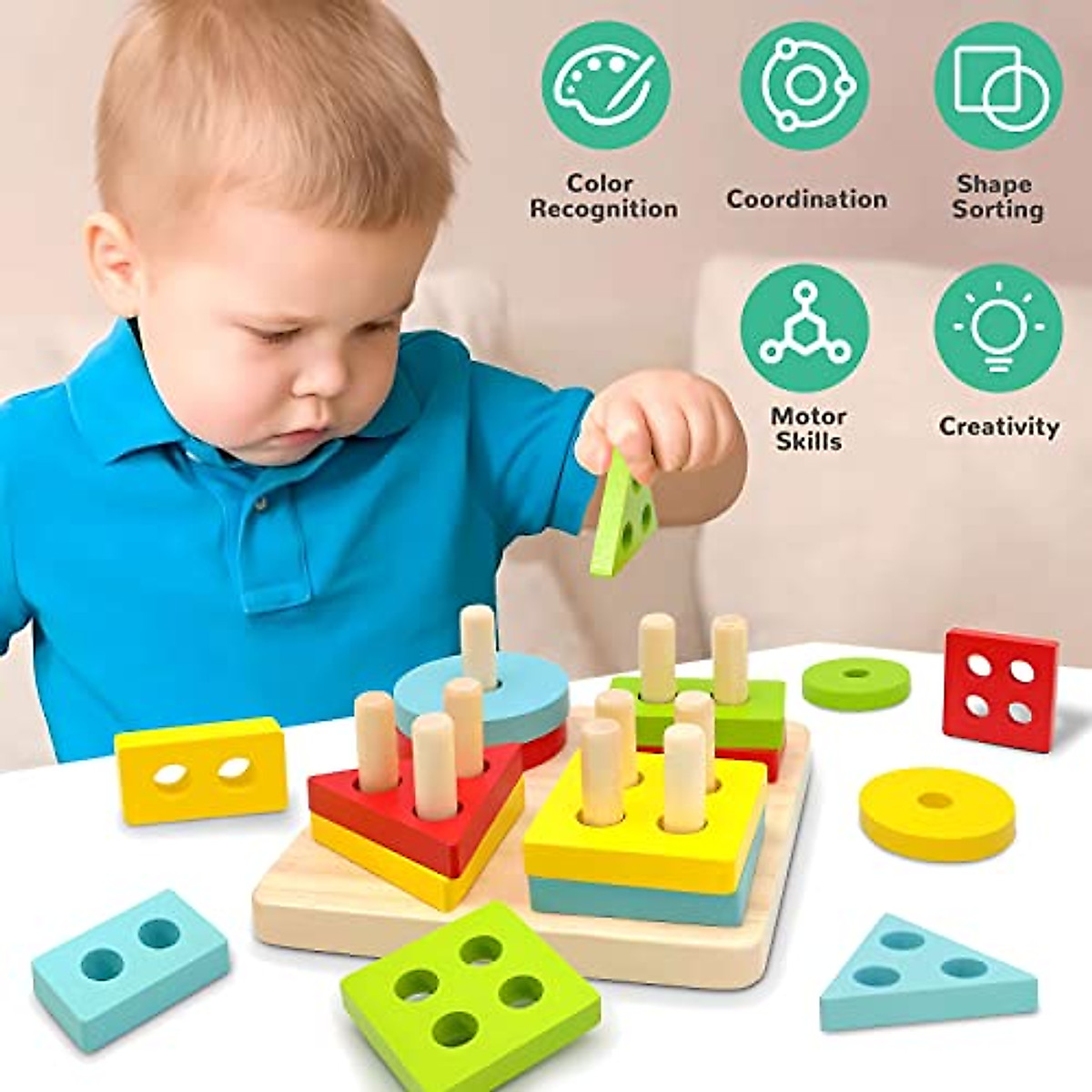 Montessori Toys for 1 2 3 Year Old Boys Girls Gifts, Wooden Sorting and Stacking Toys for Toddlers 1-3, Educational Learning Toys for Preschool Kids, Color Recognition Shape Sorter Puzzles for Baby