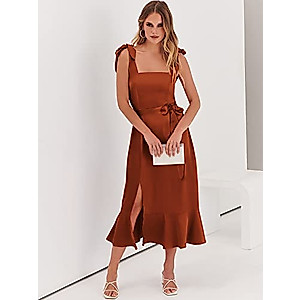 ANRABESS Women's Satin Formal Dress Square Neck Ruffle Split Midi Bridesmaid Dress for Wedding Guest Cocktail Party A1008jiaotang-M Caramel