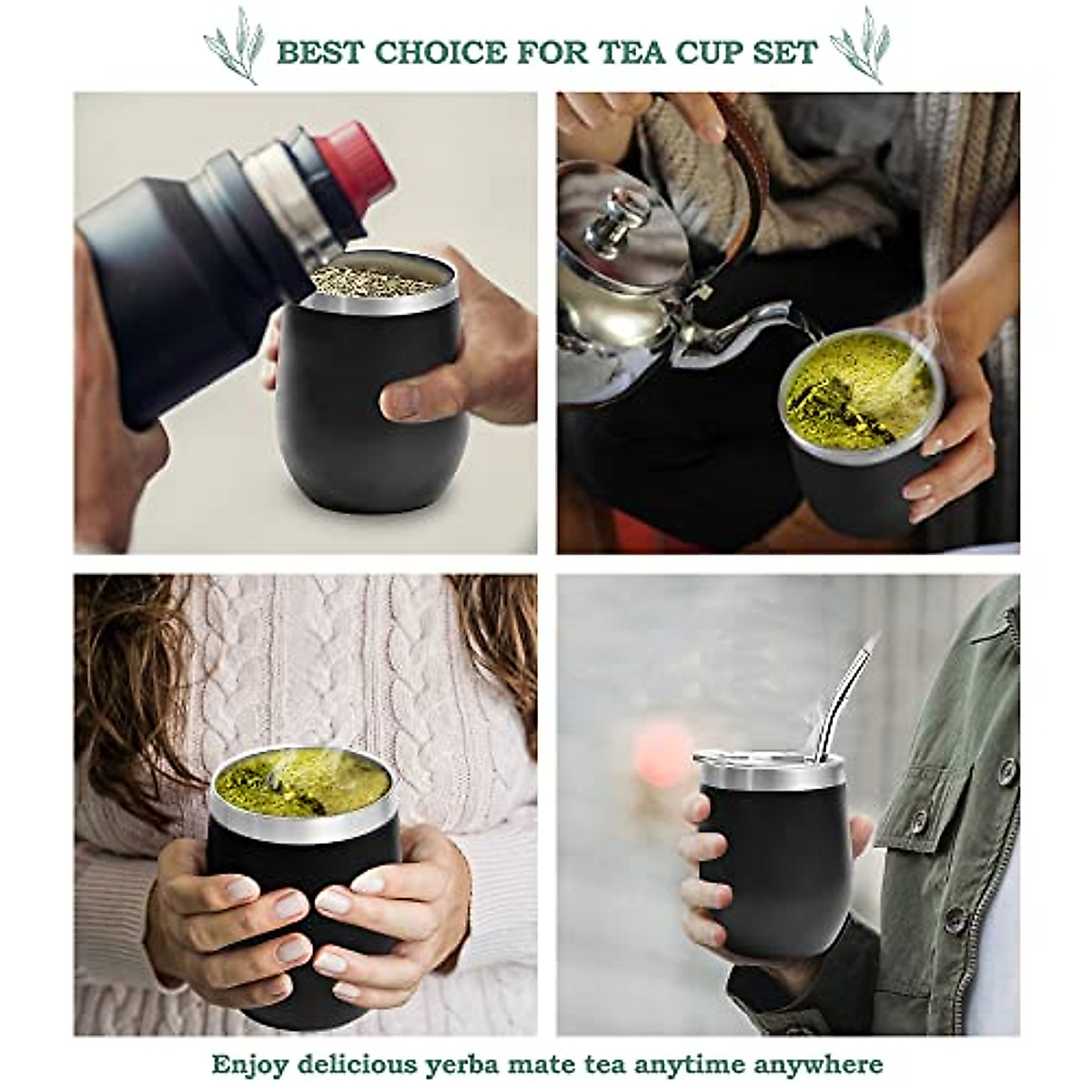 8 Oz Yerba Mate Cup, Tea Cup Set Include Stainless Steel Modern Mate Cup, 2 Bombilla Mate Straws, Cleaning Brush and BPA Free Lid, Double-Walled and Hot & Cold Drink, for Mate Tea, Coffe, Drinks