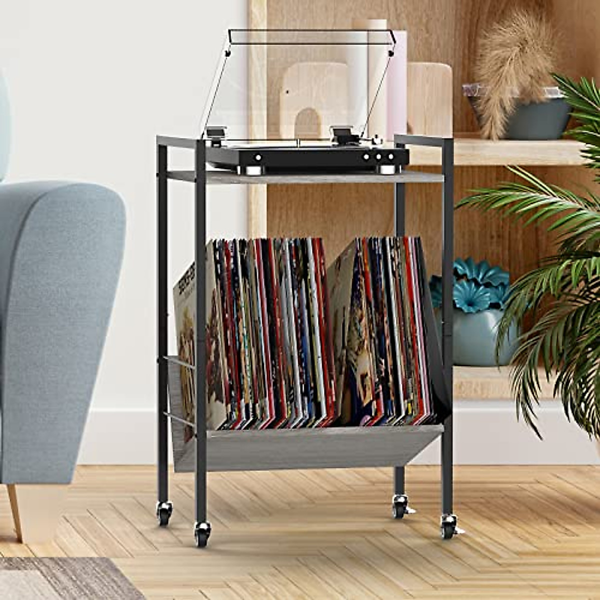 YBING Record Player Stand with Record Storage Vinyl Record Storage Table 2-Tier Turntable Stand Record Display Table with Wheels, Gray