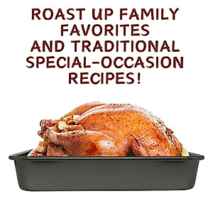 Roasting Pan with Rack and Handles - 15 Inch Carbon Steel Roaster Pan for Oven - Large Roaster Pot for Turkey Chicken Meat & Vegetables, Dishwasher Safe, Heavy Duty, Black