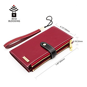 ANDOILT Wallet Women Men RFID Blocking Genuine Leather Bifold Multi Card Organizer Wristlet Purse with Zipper Pocket Cell Phone Handbag Red