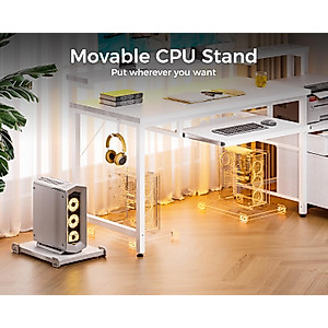 AODK 55" Computer Desk with Fabric File Cabinet and Drawer, Reversible Office Desk with Power Outlet and LED Light, Study Desk with Printer Stand, Keyboard Tray, Full Monitor Riser and PC Stand, White