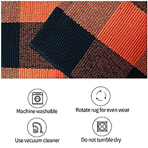 SEEKSEE Cotton Buffalo Plaid Rug 27.5"x43" Orange and Black Hand Woven Checked Rug Washable Doormats Indoor Outdoor Rugs for Layered Front Door Mats, Porch, Kitchen, Farmhouse, Entryway