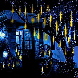 MUEQU Solar Light Outdoor, Waterproof Christmas String Lights Solar LED Meteor Shower Rain Lights Falling Raindrop Light 8Tubes 288LED Fairy Lights for Xmas Tree Garden Party Decor (Warm White)
