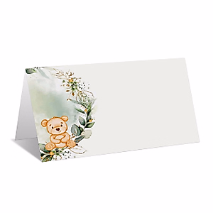 Place Cards for Greenery Bear Party, Editable Name Place Cards, Seating Place Cards for Tables, Tent Style Cards for Baby Shower, Birthday Party, Easy Folding, Pack of 25 Escort Cards(B02)