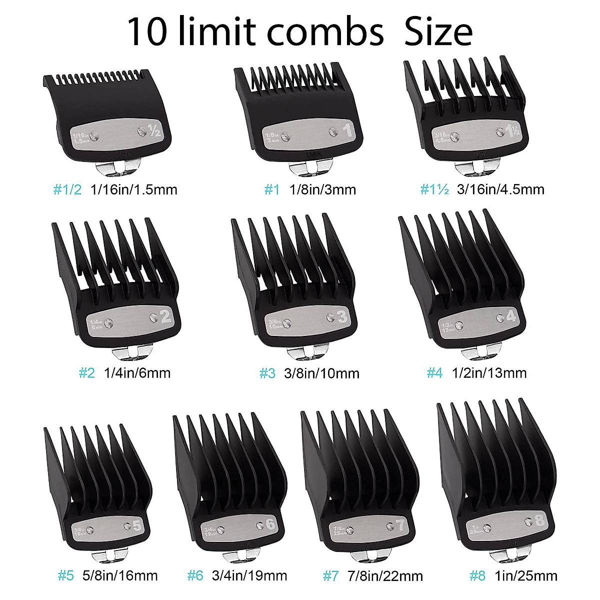 Clipper Guards Cutting Guides Compatible with Wahl Clipper with Metal Clip-from 1/16 Inch to 1 Inch(1.5-25mm)，10 Pack Black