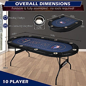 RayChee Poker Table Foldable for 10 Player, Folding Casino-Style Texas Hold'em Poker Table w/Faux Leather Padded Rails & Stainless Steel Cup Holders, Fully Assembled (Black, 84 inch)