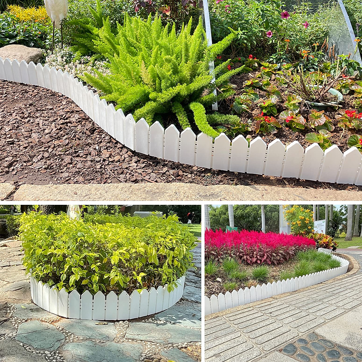 ARRYNTHEON Landscape Edging Kit 6.7 in Tall Decorative Double-Sided Wood-Look Fence Garden Border, Flower Bed Edging with 30 Anchoring Spikes, 13.9 Foot Kit (White)