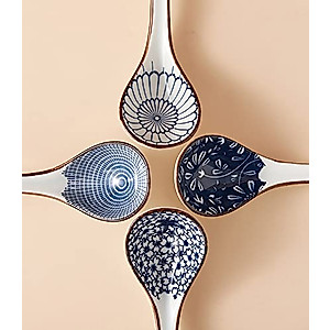 Ceramic Soup Spoons Sets of 4,Asian Soup Spoons,Long Ramen spoons,Japanese soup spoons for Pho,Wonton,Noodles,Chinese Ceramic Rice Spoons,4Pcs