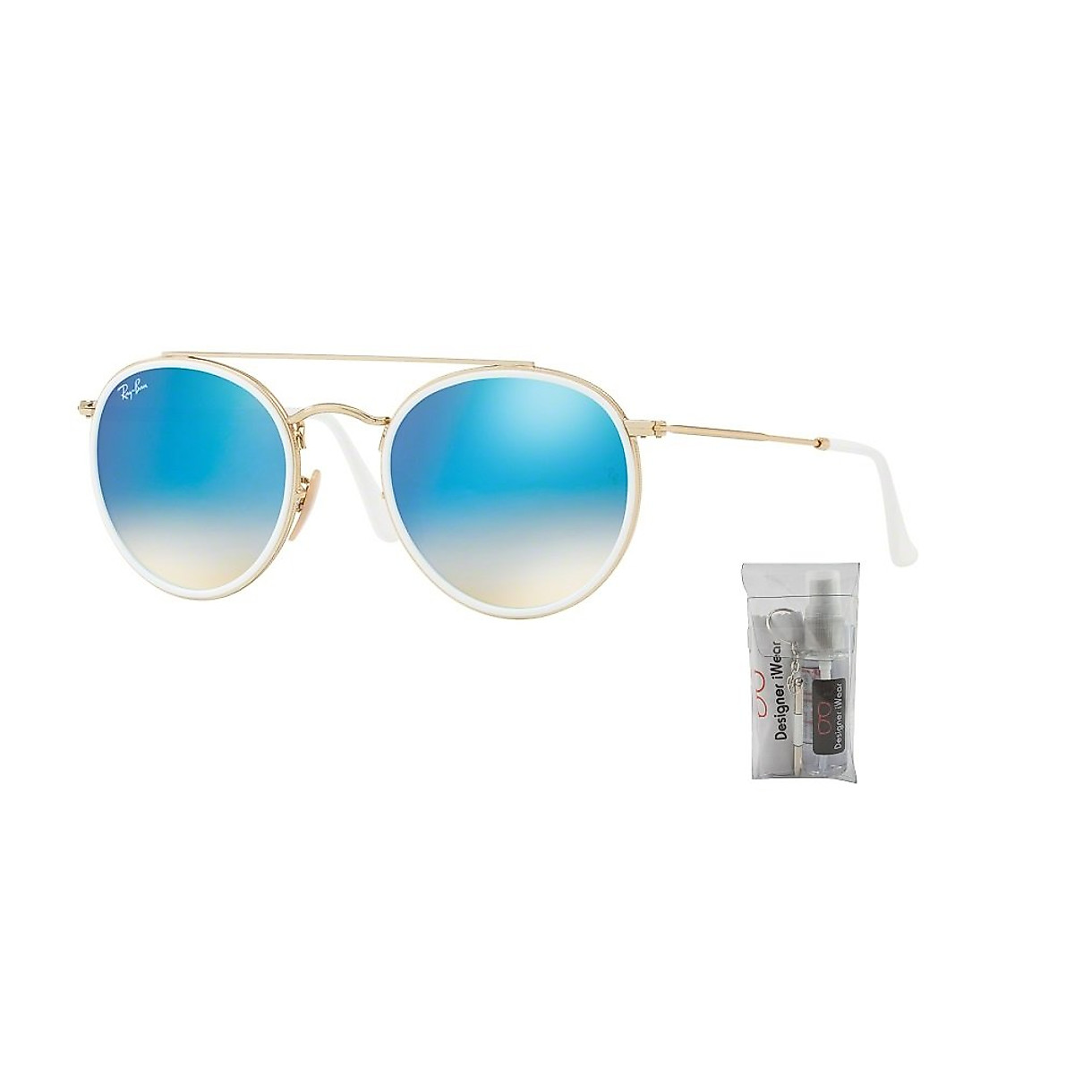 Ray-Ban RB3647N Round Double Bridge Sunglasses, Gold/Blue Brown Mirror Gradient, 51 mm+ BUNDLE with Designer iWear Eyewear Kit