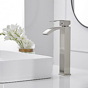 Greenspring Vessel Sink Faucet Brushed Nickel Tall Body Waterfall Spout Single Hole Single Handle Modern Commercial Bathroom Faucet with Pop Up Drain Without Overflow Supply Line Lead-Free