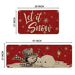 Artoid Mode Red Let It Snow Snowflake Snowman Winter Kitchen Mats Set of 2, Christmas Decor Low-Profile Kitchen Rugs for Floor - 17x29 and 17x47 Inch