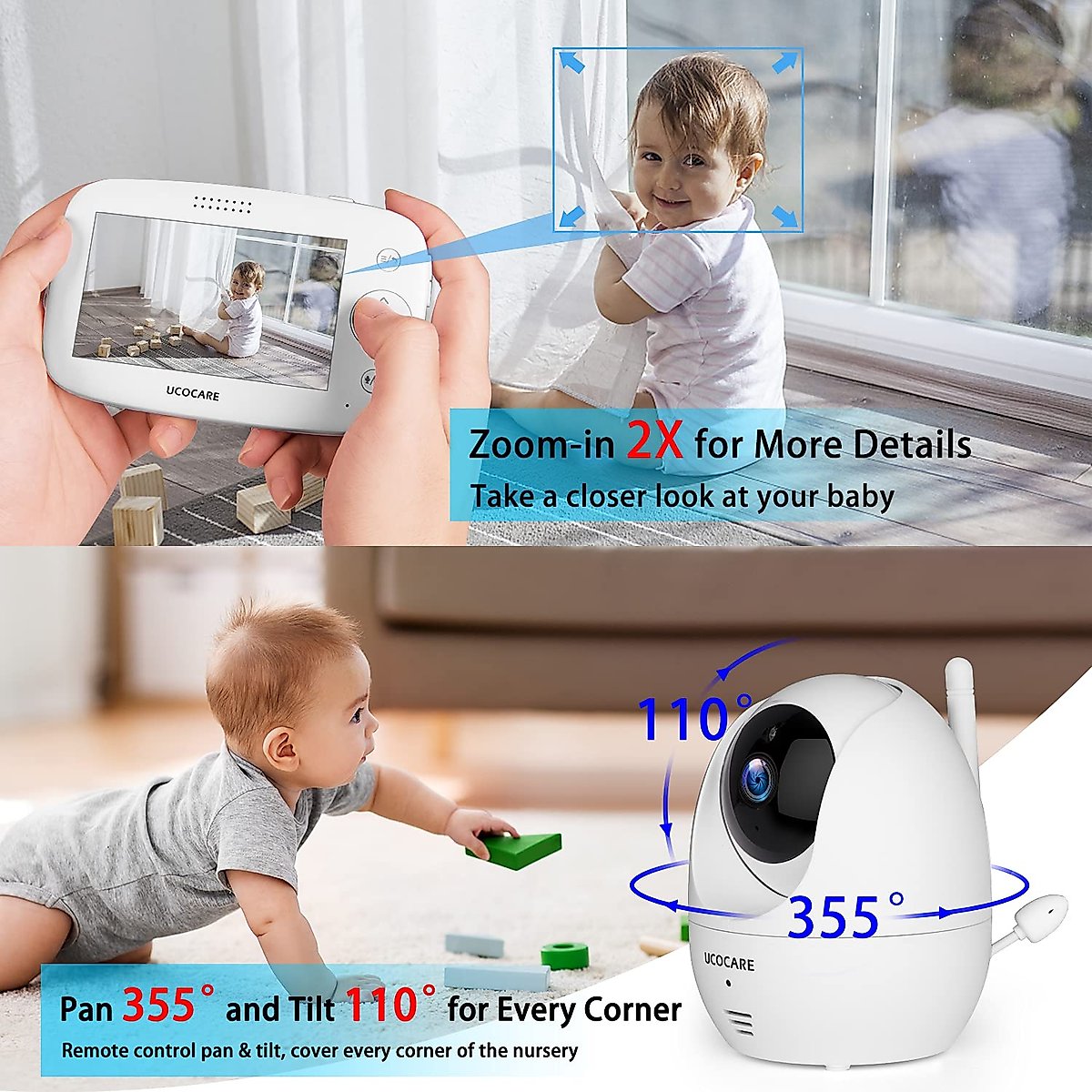 Baby Monitor with Camera and Audio 【2022 Upgraded】, Video Baby Monitor with Night Vision, Baby Camera Monitor, Baby Monitors, PTZ, Motion Detection, Auto Tracking, Temperature Monitor, 2-Way Talk