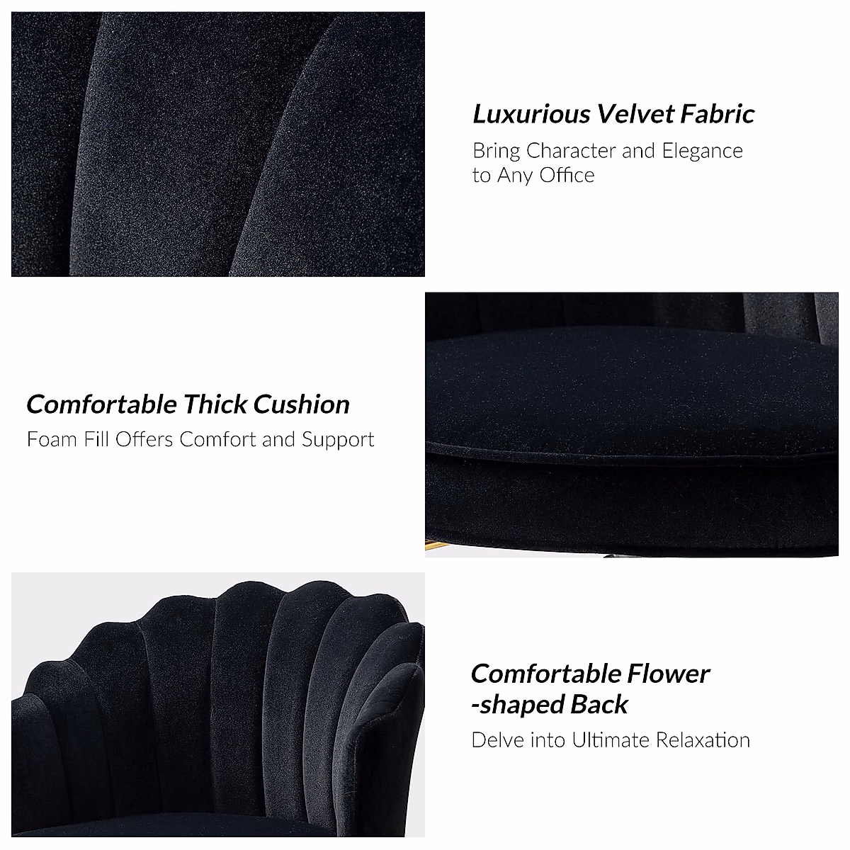 HULALA HOME Velvet Home Office Desk Chair, Modern Shell Back Makeup Vanity Chair with Wheels, Swivel Height Adjustable Cute Task Chair for Women Girls, Black