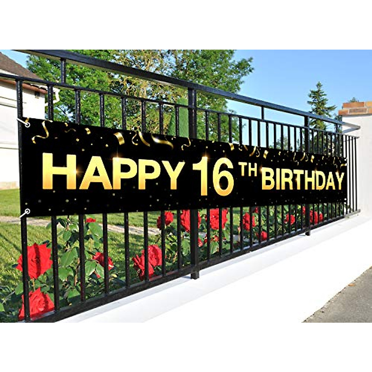 Greatingreat Large Cheers to 16 Years Banner, Black Gold 16 Anniversary Party Sign, 16th Happy Birthday Banner(9.8feet X 1.6feet)